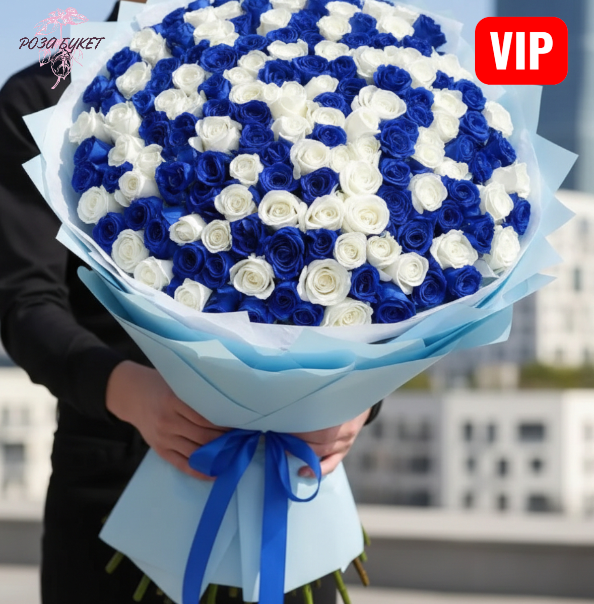 Букет цветов, Букет из синих и белых роз 101 шт, шикарный, премиум букет. долгий букет