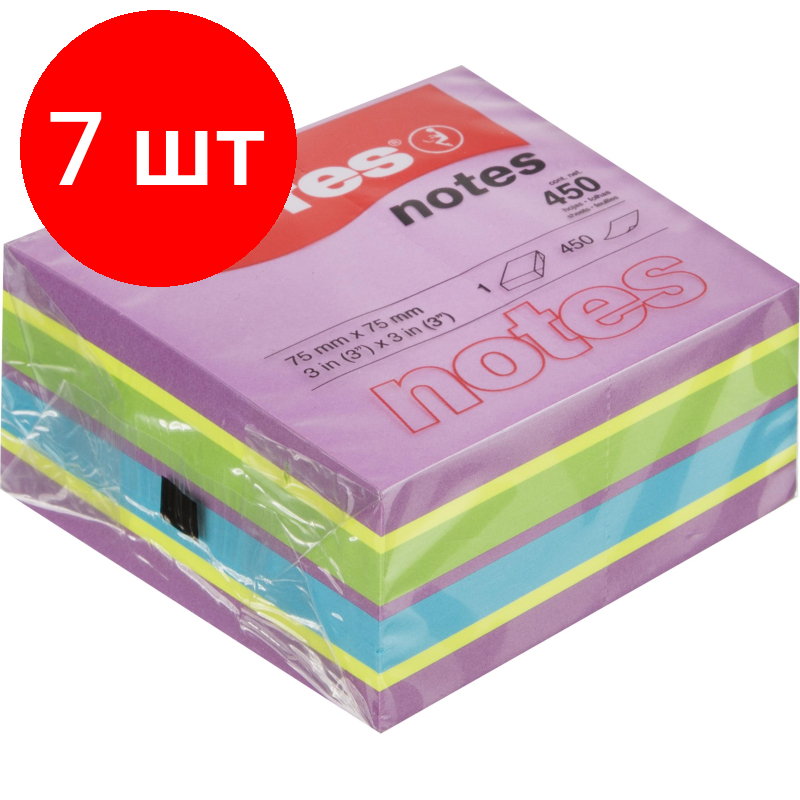 Комплект 7 штук, Стикеры Kores CUBO 75х75мм, смешан. неон. цв. (фиол, желт, син, зелен) 450л 48464