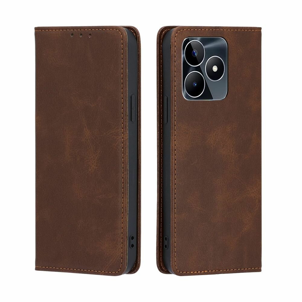 Чехол-книжка MyPads для Realme C53 4G / Narzo N53 4G / Реалми C53 4G, Телячья кожа, закрывающаяся на магнит, коричневый