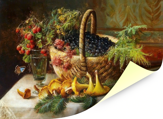 Картина для интерьера "Натюрморт с ягодами и грибами", Зацка, Ханс, печать на холсте (68х50 см / без подрамника)