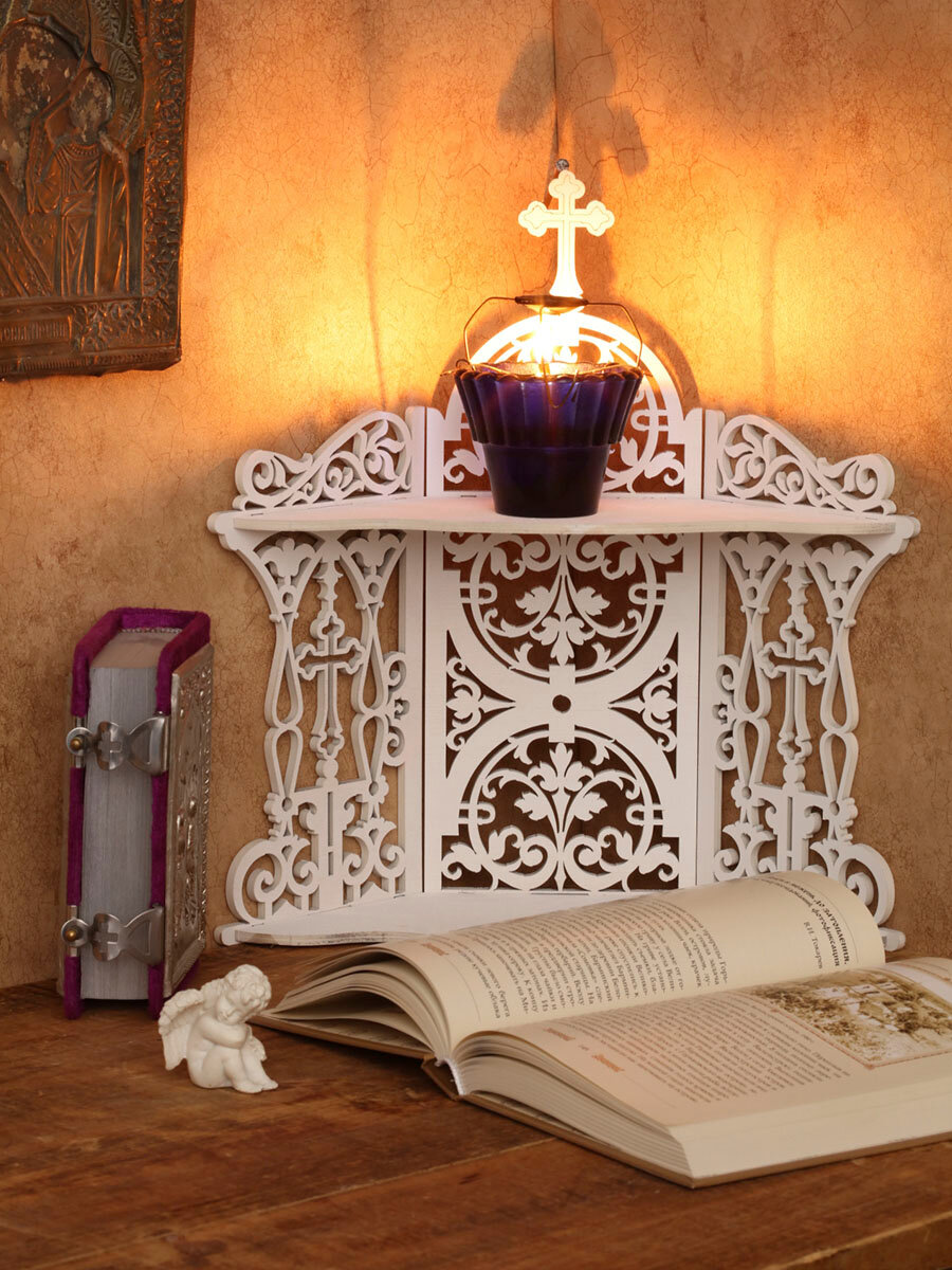 Иконостас BOGATAstudio, Угловая полка для икон белая, маленькая