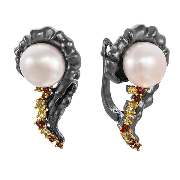 Серьги, серебро, 925 проба, гранат, жемчуг, перидот