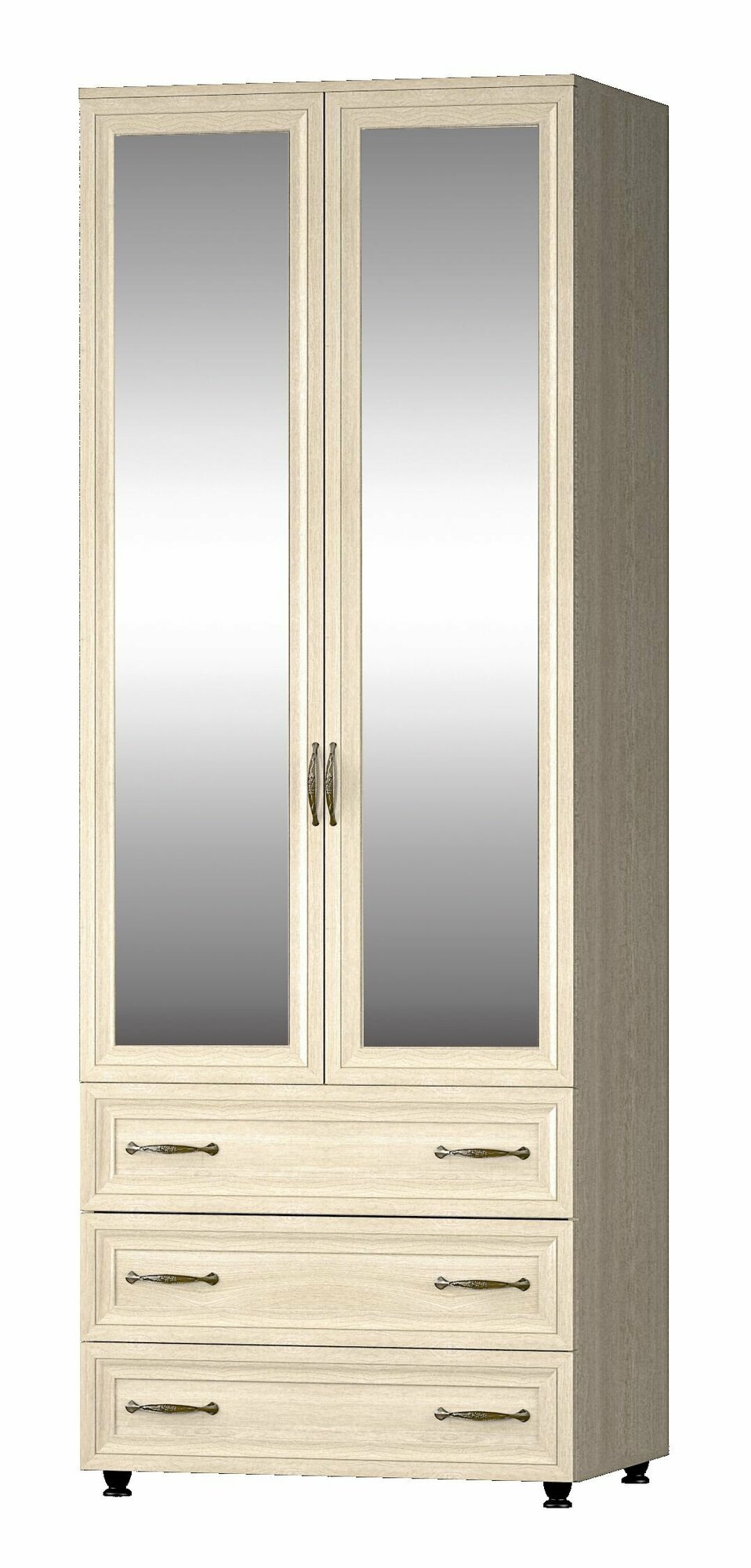 Шкаф двухстворчатый с ящиками с зеркалами Серия "Гармония"- "Виктория" (ЛДСП шимо светлый с накладками МДФ) (Премиум) (Премиум)