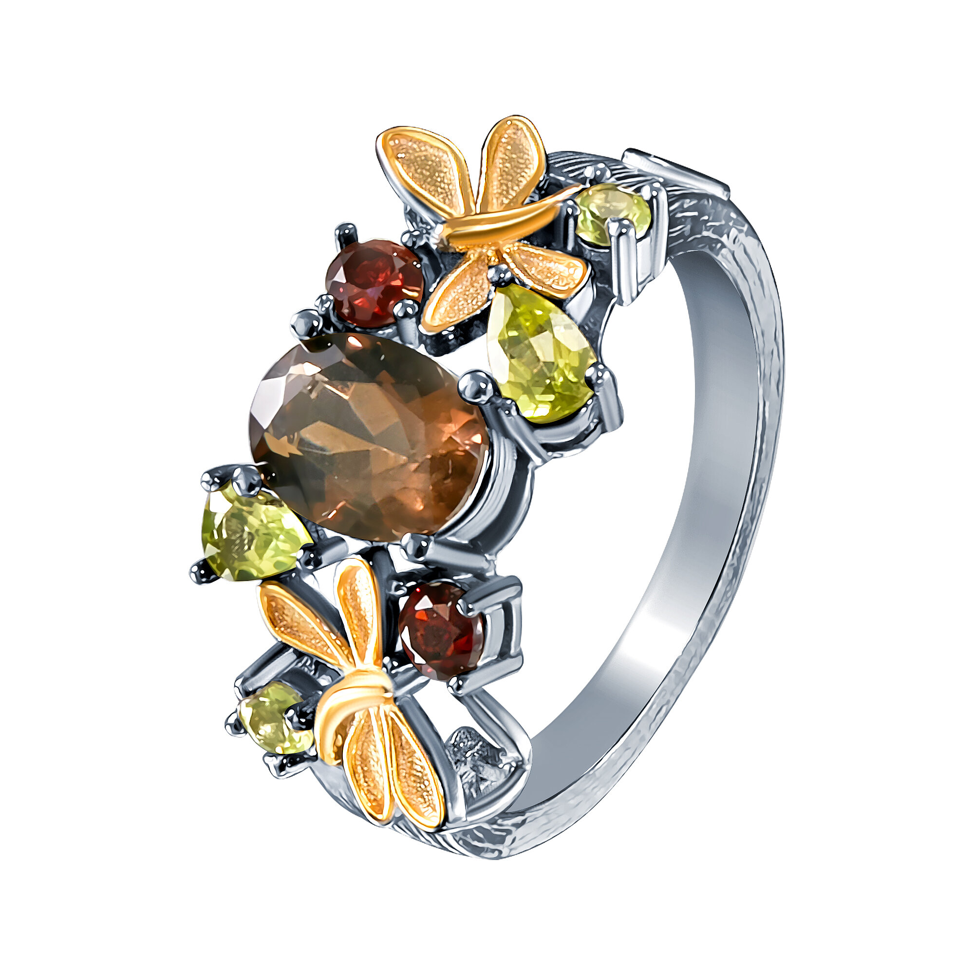 Кольцо, серебро, 925 проба, раухтопаз, гранат, перидот