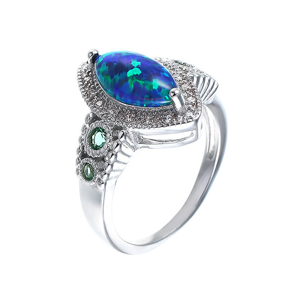 Перстень, серебро, 925 проба, родирование, опал синтетический, циркон