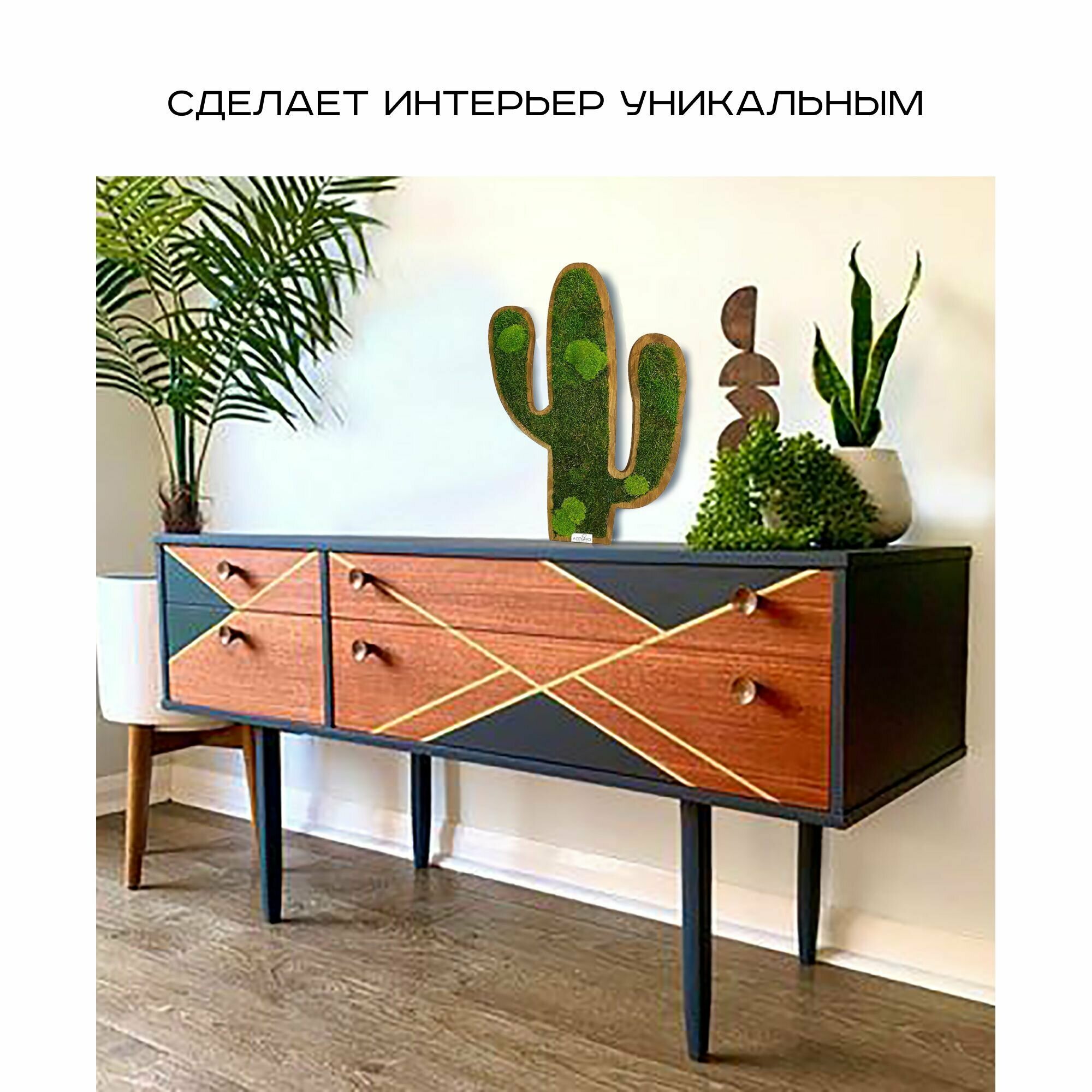 Панно на стену, кактус, 3 д обои, декор из мха, артгро, подарок