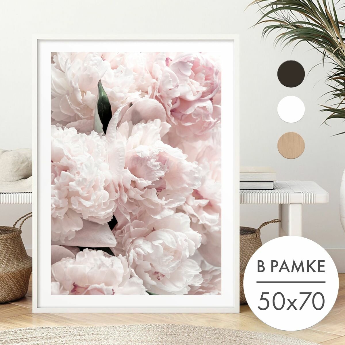 Постер 50х70 В рамке "Нежные пионы" для интерьера