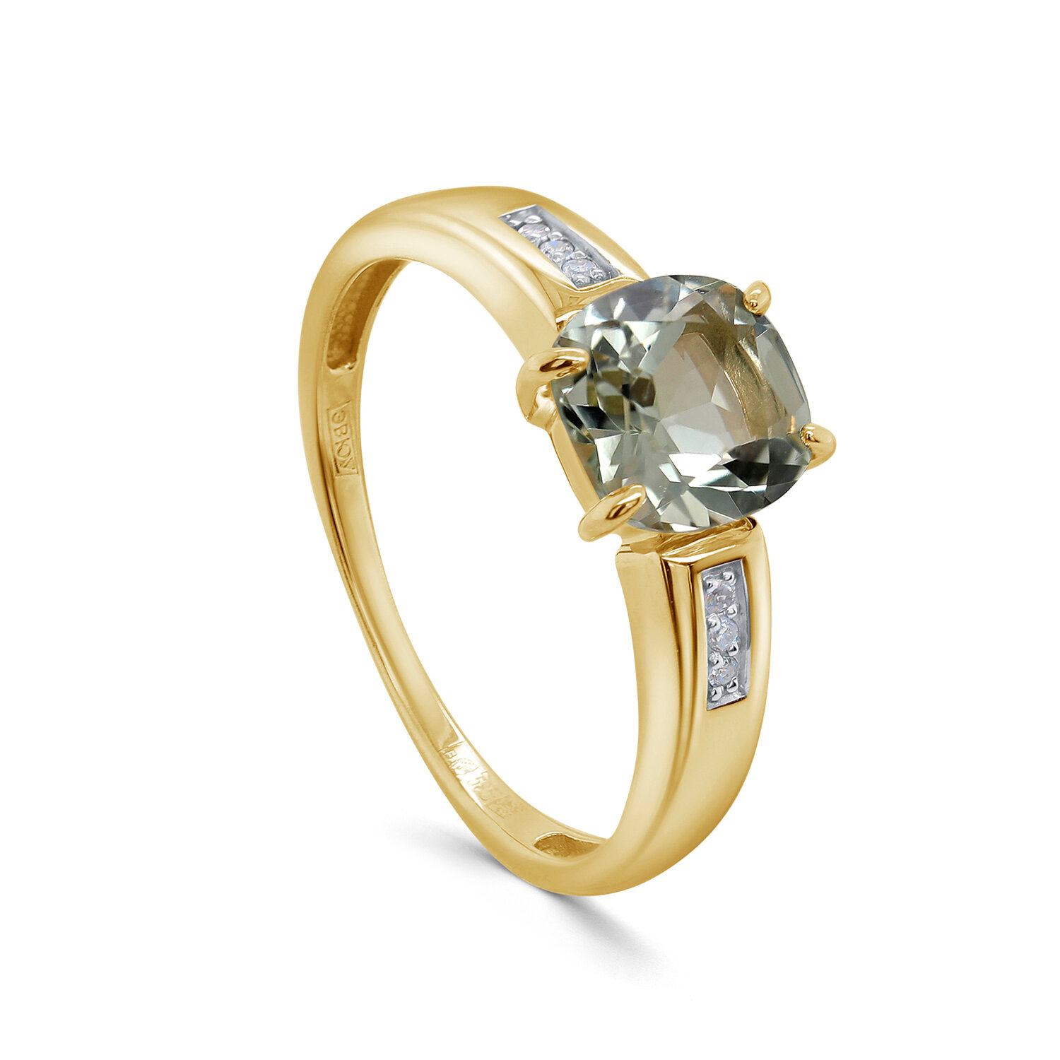 Кольцо, желтое золото, 585 проба, бриллиант, празиолит