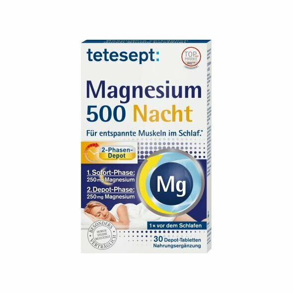 Магний Tetesept 500 Ночной, 30 таблеток, для мышц и нервной системы, Германия