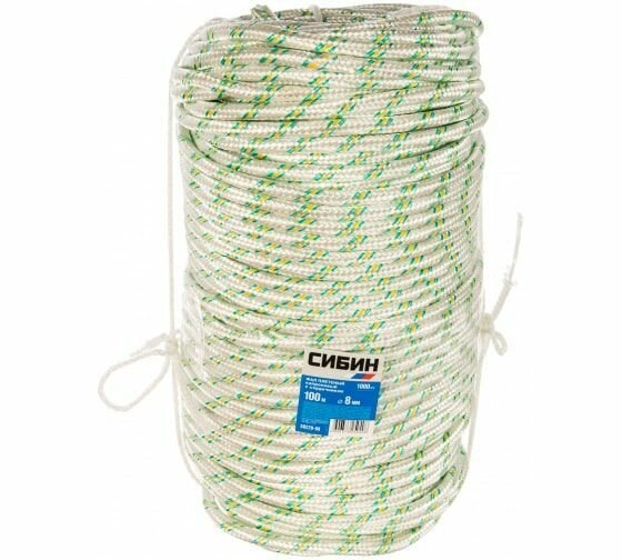Плетёный капроновый 16-прядный фал с капроновым сердечником, диаметр 8мм, бухта 100м, 1000кгс СИБИН 50220-08