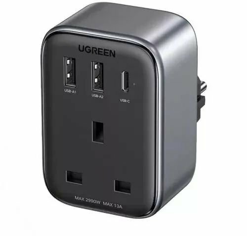 Сетевое зарядное устройство-конвертер UGREEN CD314 (15261) Digi Nest Outlet Extender Converter(1 AC Outlets + 30W 2A1C) розетка EU и вилка UK. Цвет: черный