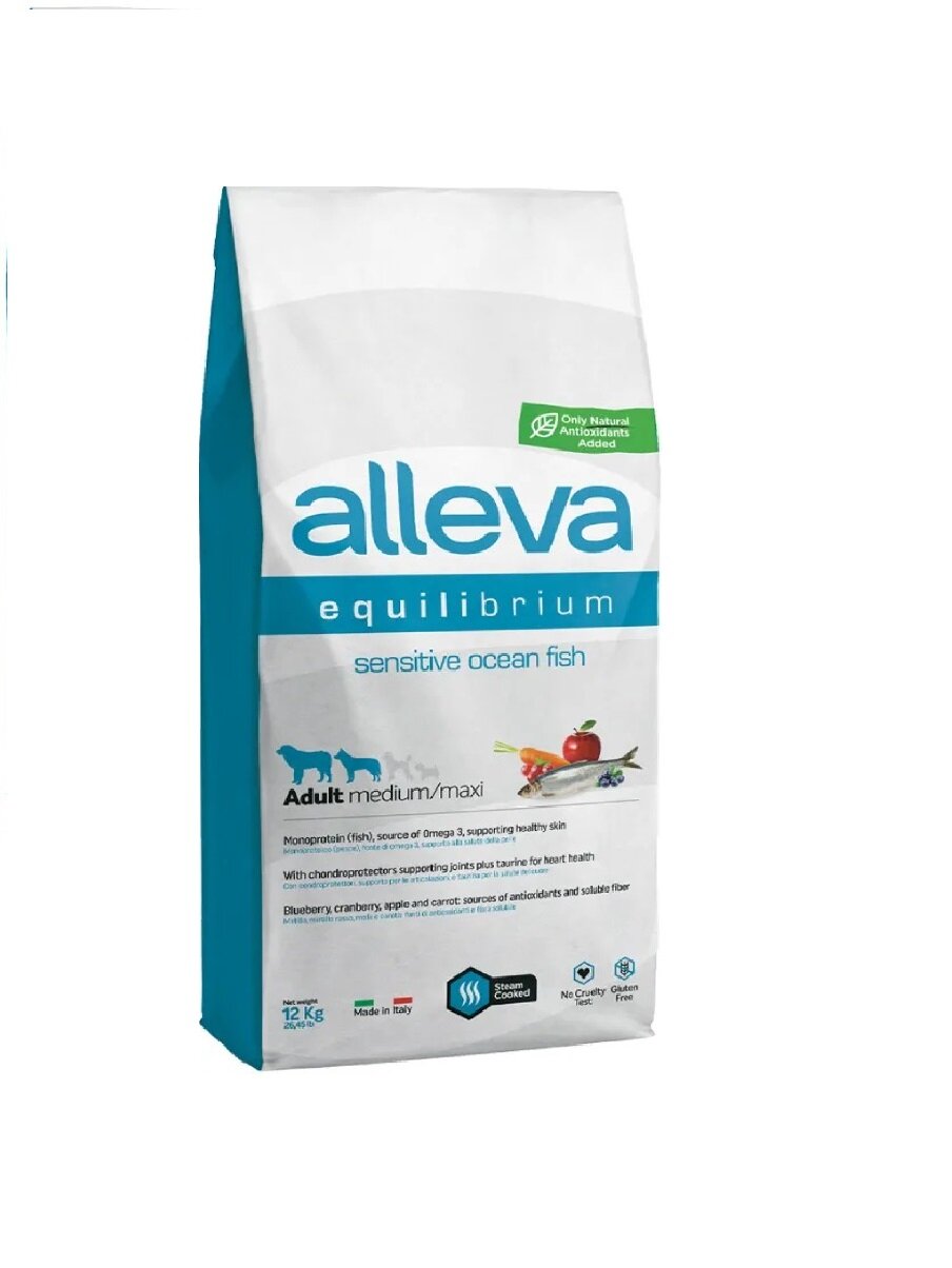 ALLEVA EQUILIBRIUM Корм для взрослых собак средних и крупных пород Сенситив с океанической рыбой 12 кг