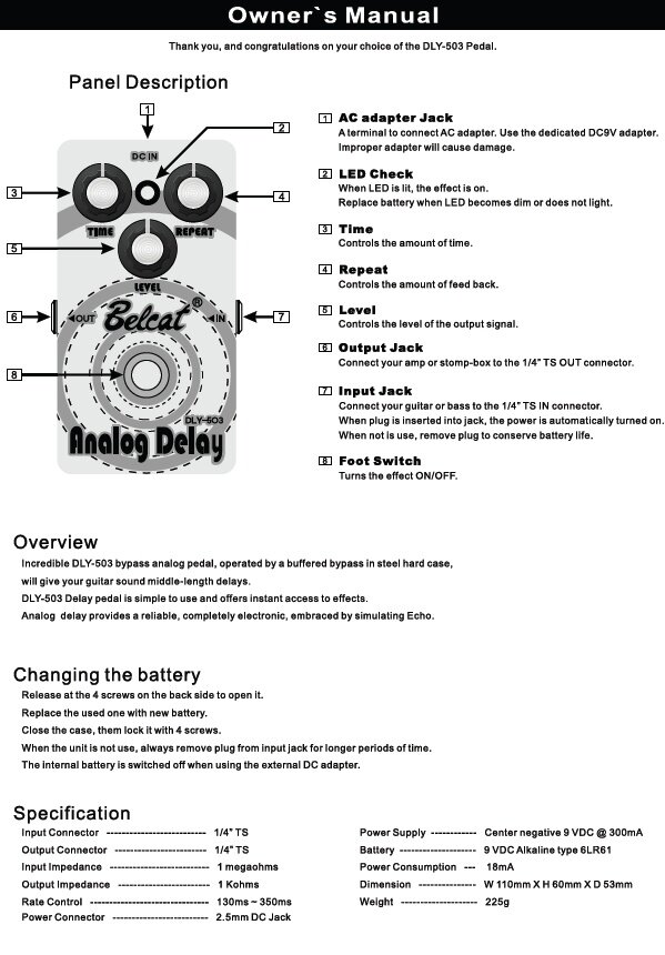 Педаль эффекта Belcat DLY-503 Delay — фото 1