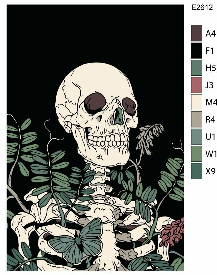Детская картина по номерам E2612 "Скелет с цветах и бабочках" 20x30