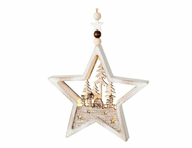 Светящееся новогоднее украшение звезда С пейзажем (домик), дерево, 2 тёплых белых LED-огня, 14 см, батарейки, Kaemingk 485104-2
