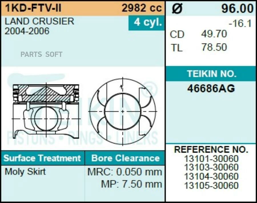 Поршень (STD/ к-т 4 шт с охлаждением) Toyota Hilux Pick Up 04-15 / Land Cruiser Prado 99-17 1KDFTV TEIKIN 46686AG STD | цена за 1 шт