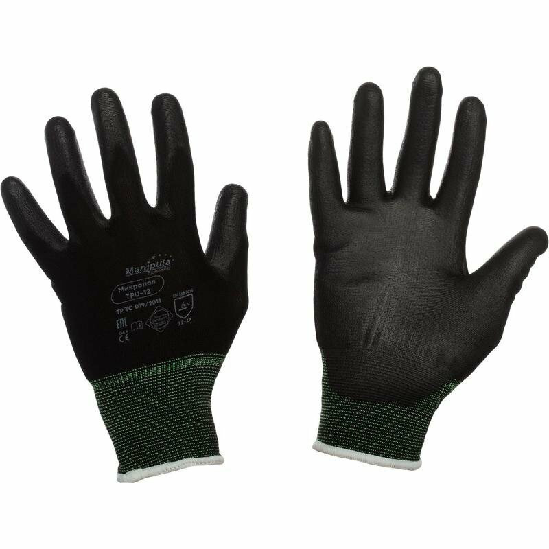 Перчатки рабочие защитные Manipula Specialist Микропол TPU-12/MG-161 нейлоновые с полиуретановым покрытием черные 13 нитей 13 класс размер 7 S, 1677073