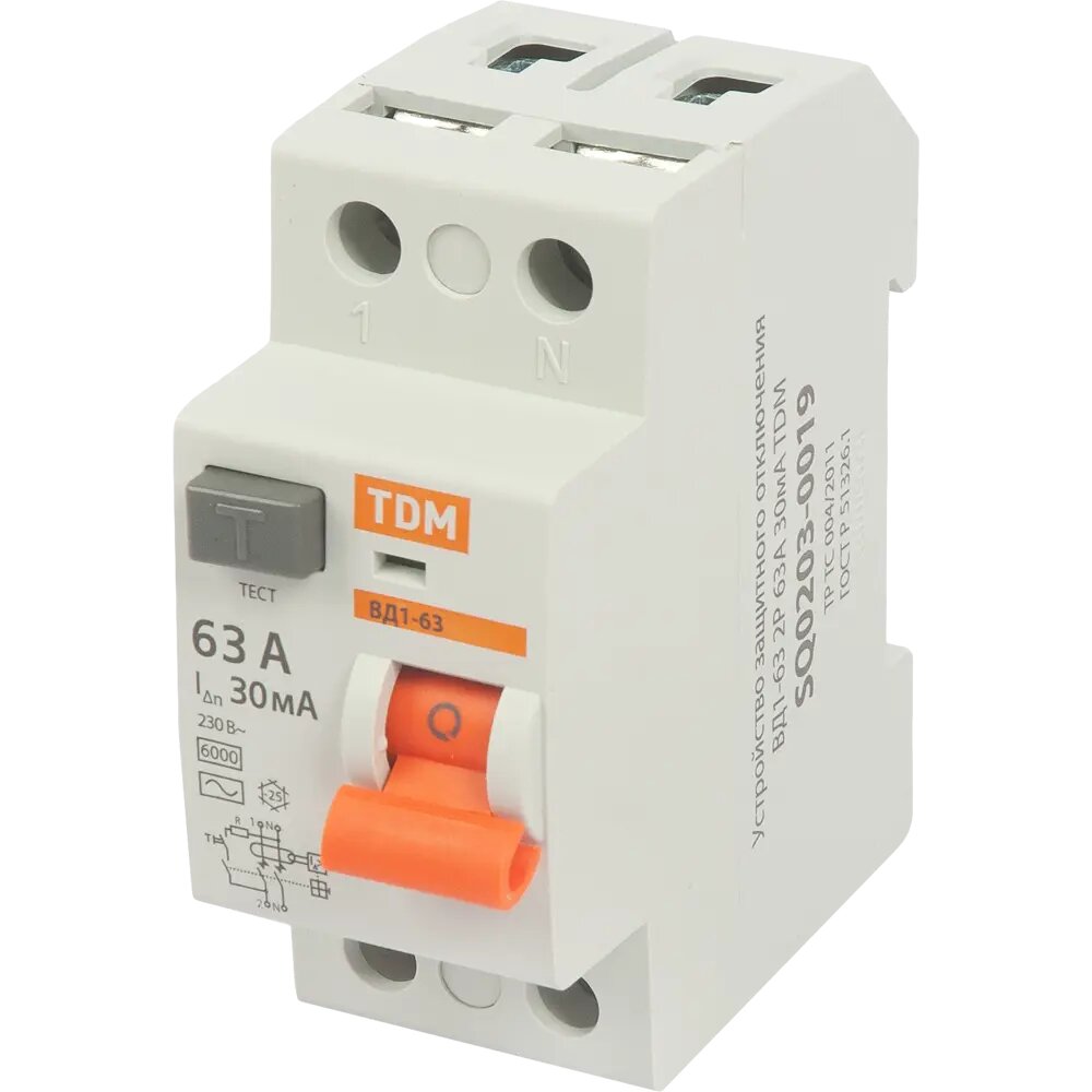 УЗО Tdm Electric ВД1-63 2P 63 A 30 мА 4.5 кА AC SQ0203-0080