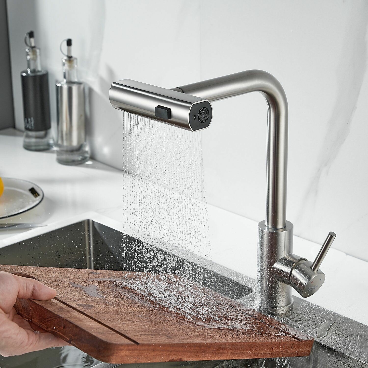 Смеситель кухонный RAFFINE F203L, нержавеющая сталь, выдвижной излив, лейка