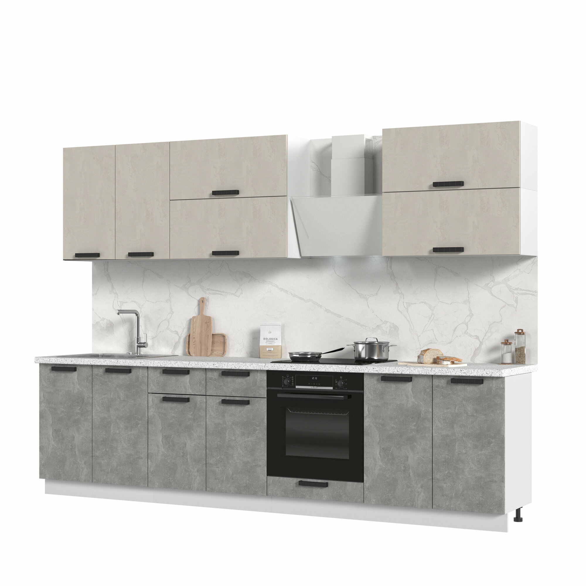 Кухонный гарнитур, без столешницы, Кухня Пасаденна, 300см Белый / Шелковый камень, Ателье светлое