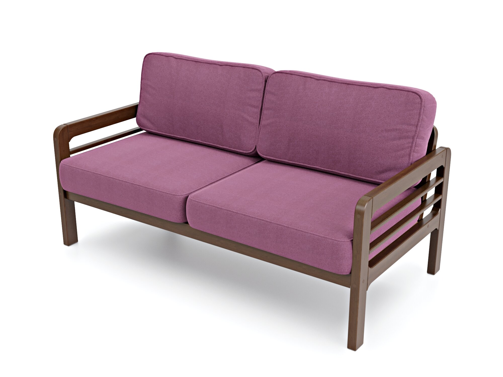 Диван кушетка трехместный Soft Element Бергер Purple + nut, массив дерева, подушки, скандинавский лофт, на кухню, в прихожую, для кафе и ресторанов