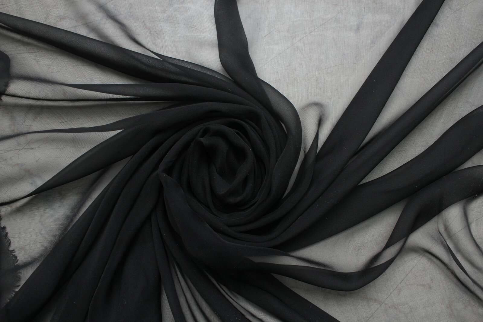 Ткань Шёлковый шифон чёрный прозрачный, ш134см, 0,5 м
