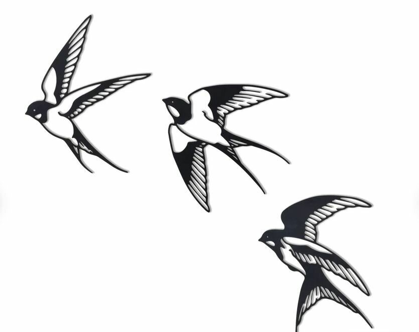 Декоративное металлическое панно, Ласточки, набор из 3 элементов декора (черный цвет)