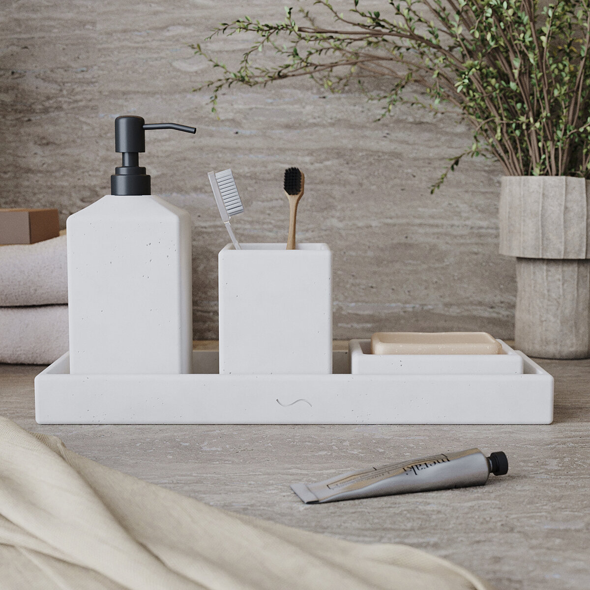 Набор для ванной комнаты Emily 09 (поднос M, стакан для щёток, дозатор для мыла (b), мыльница), бетон, белый матовый
