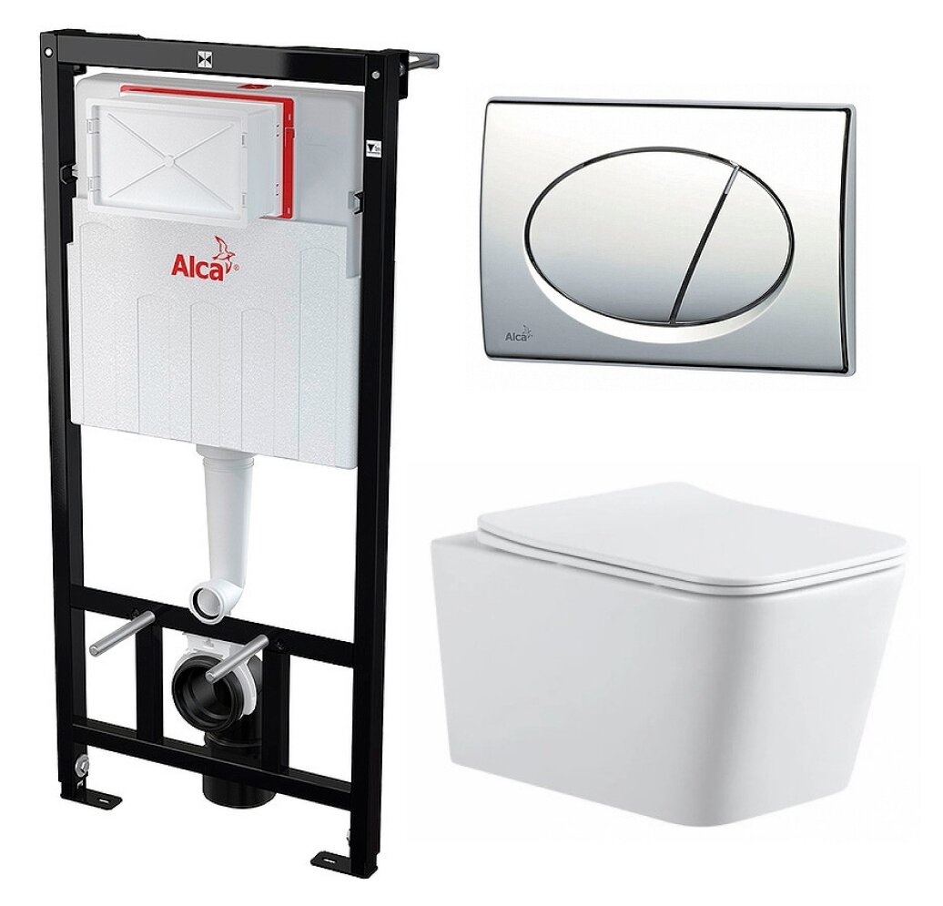 Комплект 3 в 1 инсталляция AlcaPlast + Подвесной унитаз SinteSi BALTI + кнопка хром