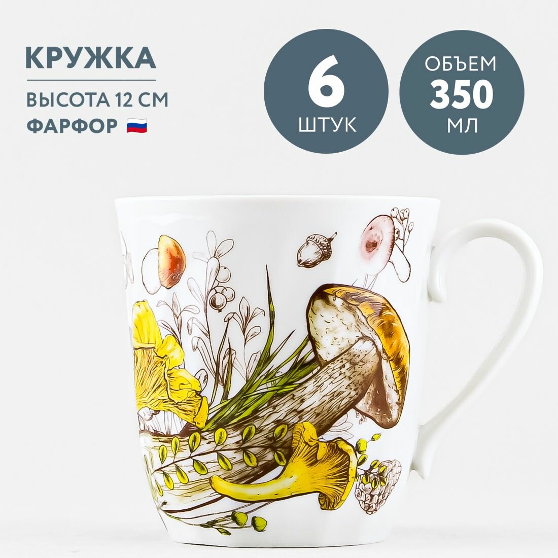 Набор из 6 кружек для чая и кофе 350 мл Дулевский фарфор Грибы