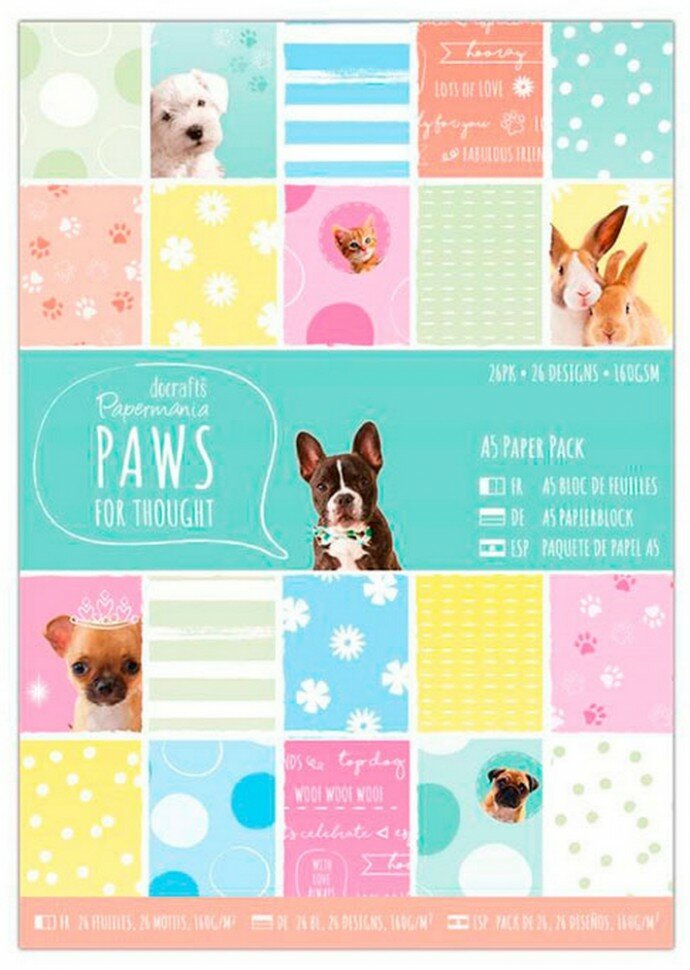 #PMA160253 Набор бумаги для скрапбукинга "Paws for Thought", А5 (21 х 14,8), 26 листов 21 x 14.8 см Docrafts 26 шт. (24 листа с разными дизайнами)