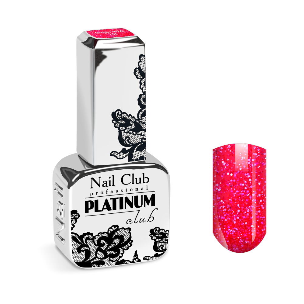 Nail Club Эмалевый гель-лак для ногтей с липким слоем PLATINUM CLUB 143 Glitter Pink, 13 мл.