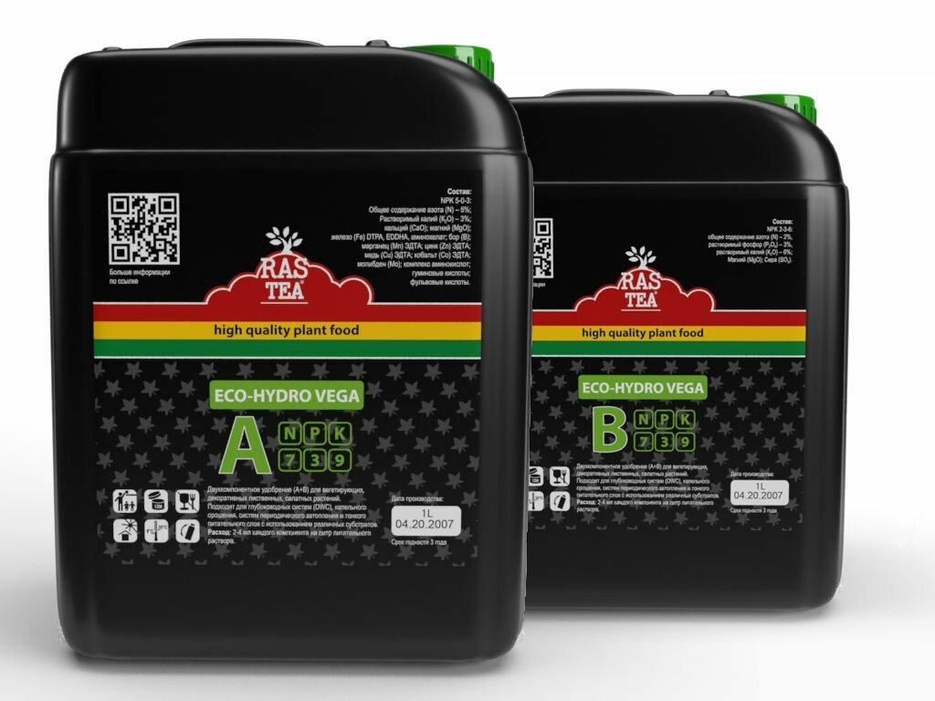 RasTea Eco-Hydro Vega A+B 5 L / Удобрение для сада и огорода, комнатных растений на стадии вегетации