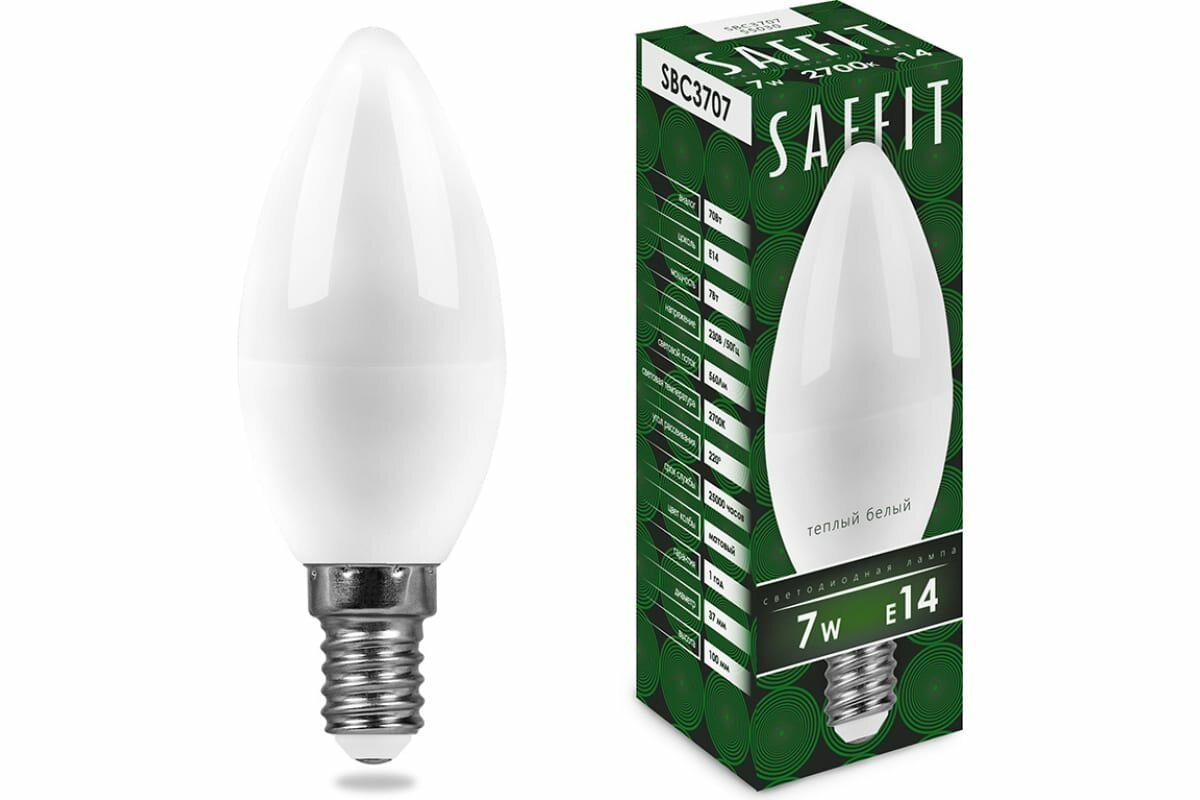 Saffit свеча C37 E14 7W(560Lm) 2700K 2K матовая 100x37 SBC3707 55030