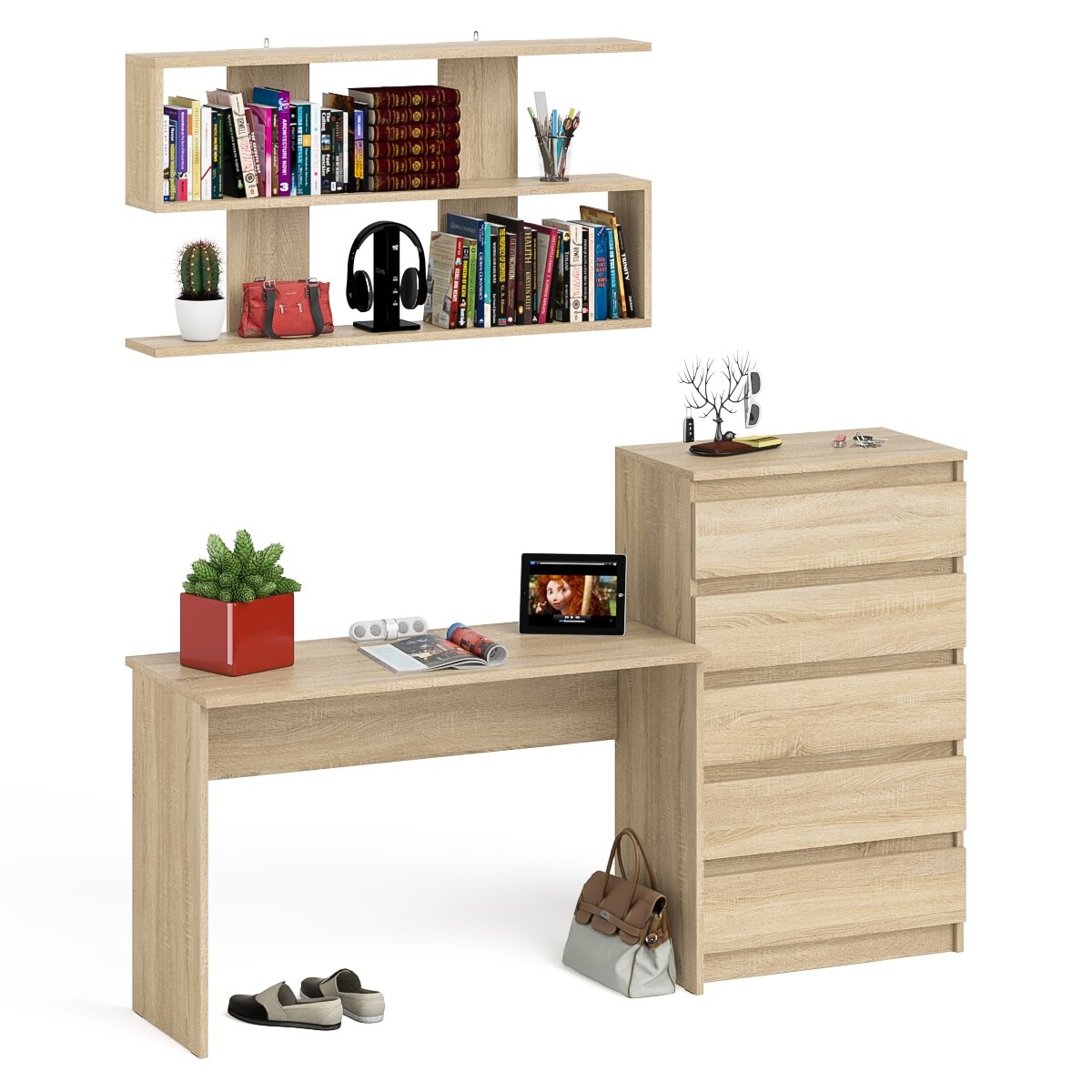 Комод высокий СВК Мори 700.5 пять выдвижных ящиков со столом для работы и полкой дуб сонома