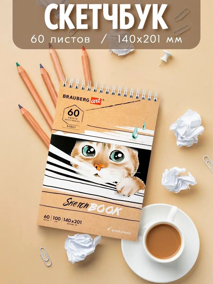 Скетчбук BRAUBERG ART "Котик", формат А5, гребень, обложка картон, 60 листов