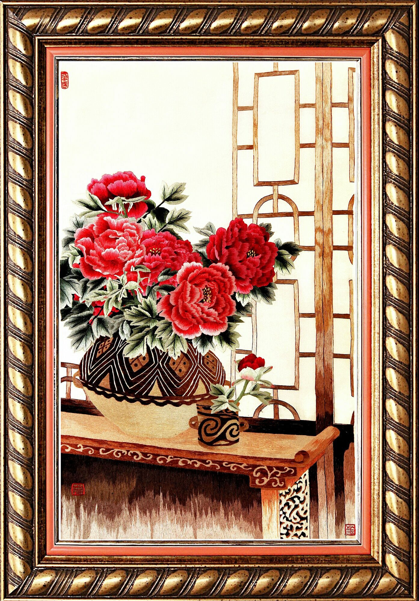 Вышитая шелковая картина Пионы Аннелиза ручной работы с эффектом 3D/ см 57х83х3/в багете