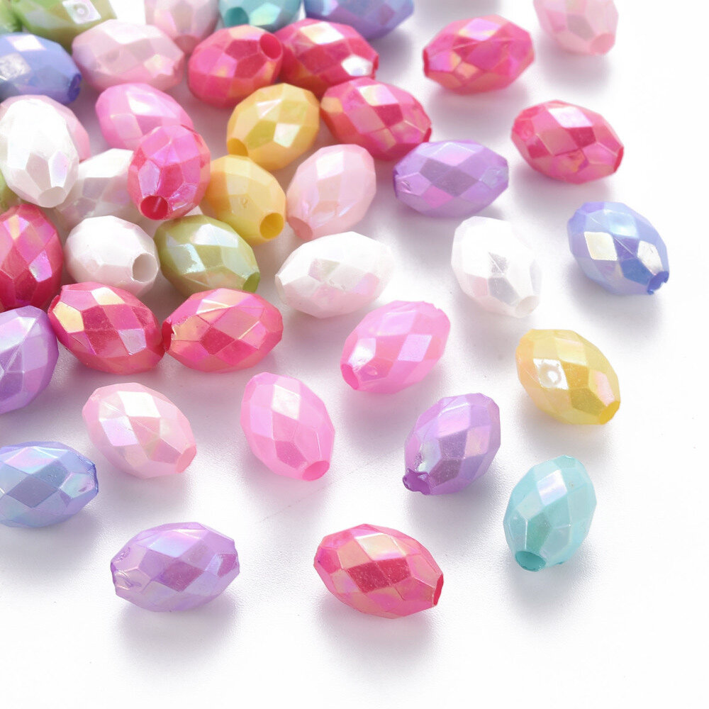 Бусины акриловые, 12х8мм, овальные, гранёные, пастельный микс с радужно-перламутровым отливом, 50 грамм
