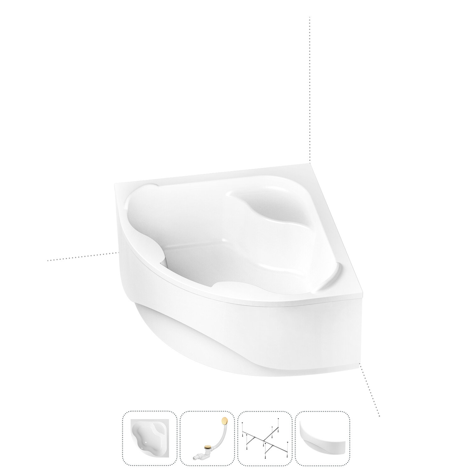 Угловая ванна акриловая 140 x 140 с каркасом и экраном Lavinia Boho Aveo 202011273 в наборе 4 в 1: акриловая ванна, слив-перелив, каркас, экран