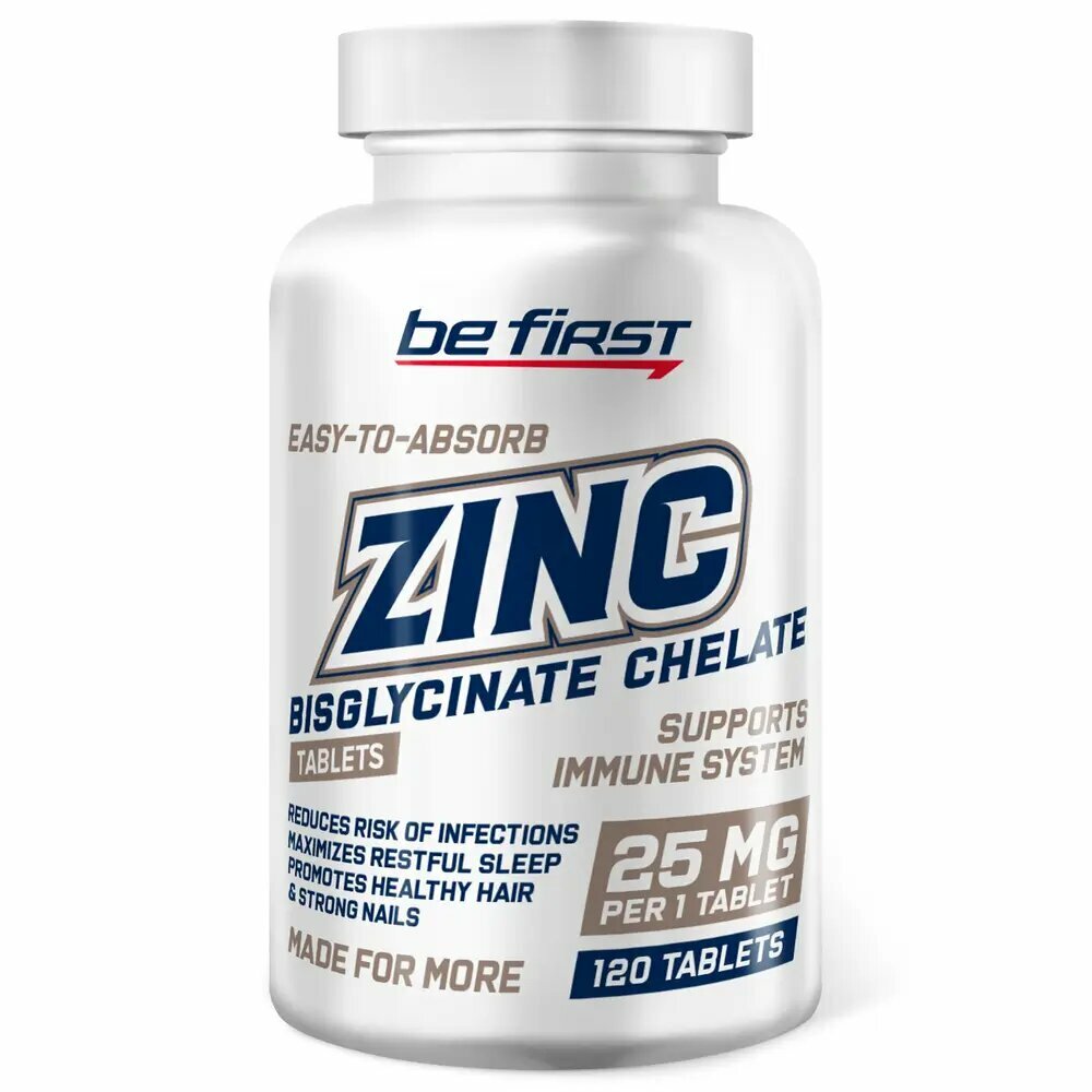 БАД Be First Zinc Bisglycinate Chelate, для спортсменов, цинк, 25мг, 120шт