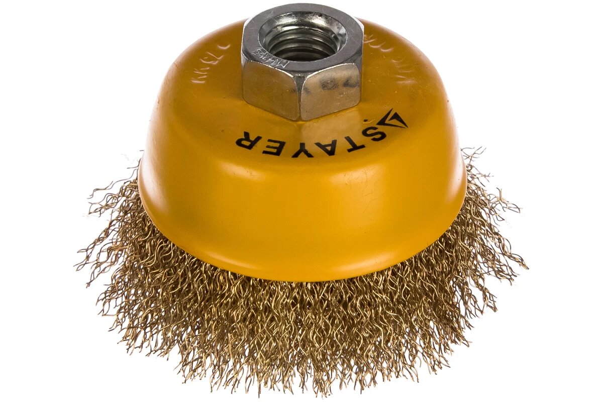 STAYER Щетка "MASTER" чашечная для УШМ, витая латунированная стальная проволока 0,3мм, 75мм/М14 35125-075_z01