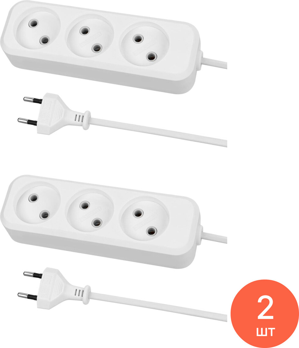 Удлинитель бытовой TDM Electric / ТДМ Электрик УН3 Народный без заземления, 6А 1380Вт ШВВП 2х0.75, 5 метров 3 розетки, белый, SQ1303-1202 (комплект из 2 шт)