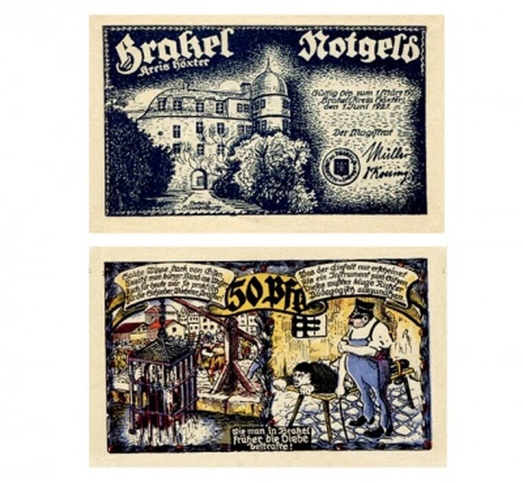 Нотгельд 50 пфеннигов 1921 Германия, Бракель, сувенирная копия, банкноты и купюры редкие коллекционные