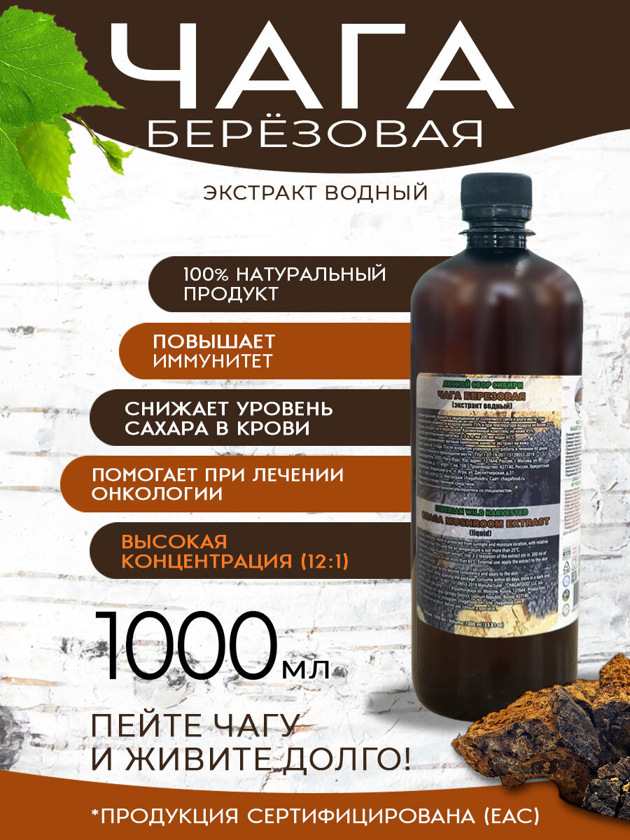 Экстракт чаги березовой, жидкий, водный, 12:1 от чага ФУД, 1000 мл
