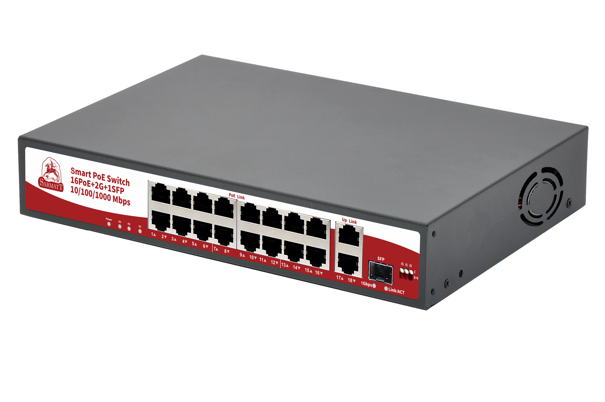 Коммутатор Sarmatt SR-PS1621GBL, 18 портовый неуправляемый РоЕ коммутатор; 16 портов PoE 10/100 Мбит/с (до 30 Вт на порт) 2 порта UpLink 100/1000 Мбит/с 1 порт SFP 100/1000 Мбит/с
