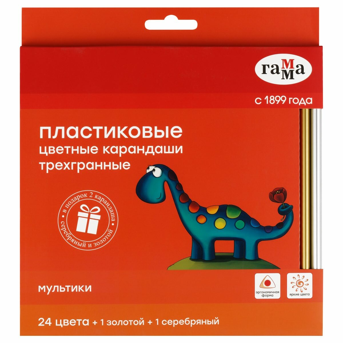 Карандаши цветные 26 цветов Гамма "Мультики" (L=174мм, d=3мм +1 золотой +1 серебряный, 3гр, пластик) (19012324), 12 уп.