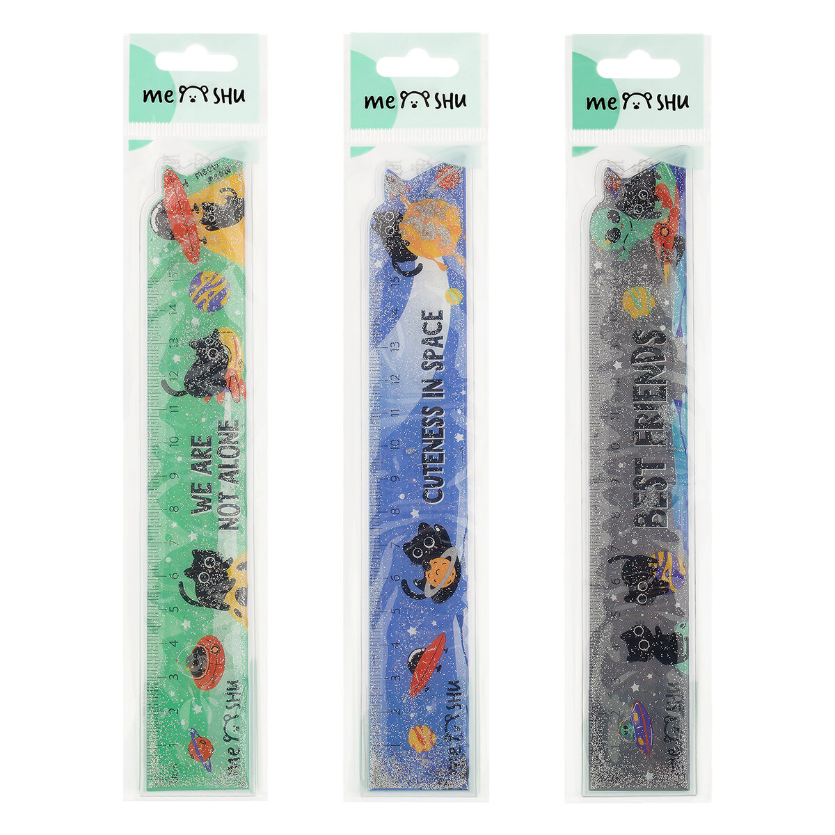 4 шт. Линейка 15см MESHU "Space Cat" ПВХ с блестками, ассорти, европодвес
