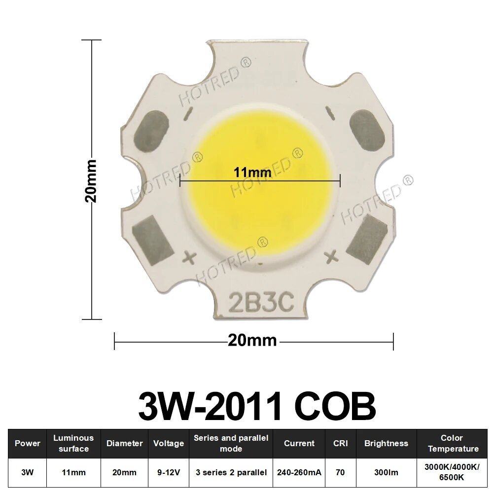 OTCRREE COB LED лампы 3-36 Вт 13/20/28 мм 3W 20-11mm COB, Neutral White 4500K, 10pcs