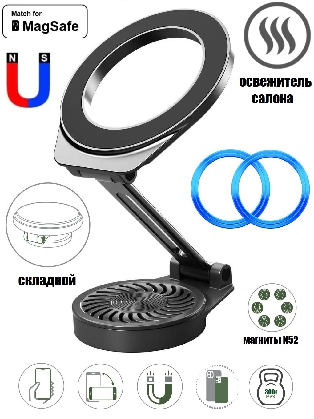 Держатель магнитный Магсейф в машину на липучке для iPhone с ароматизатором