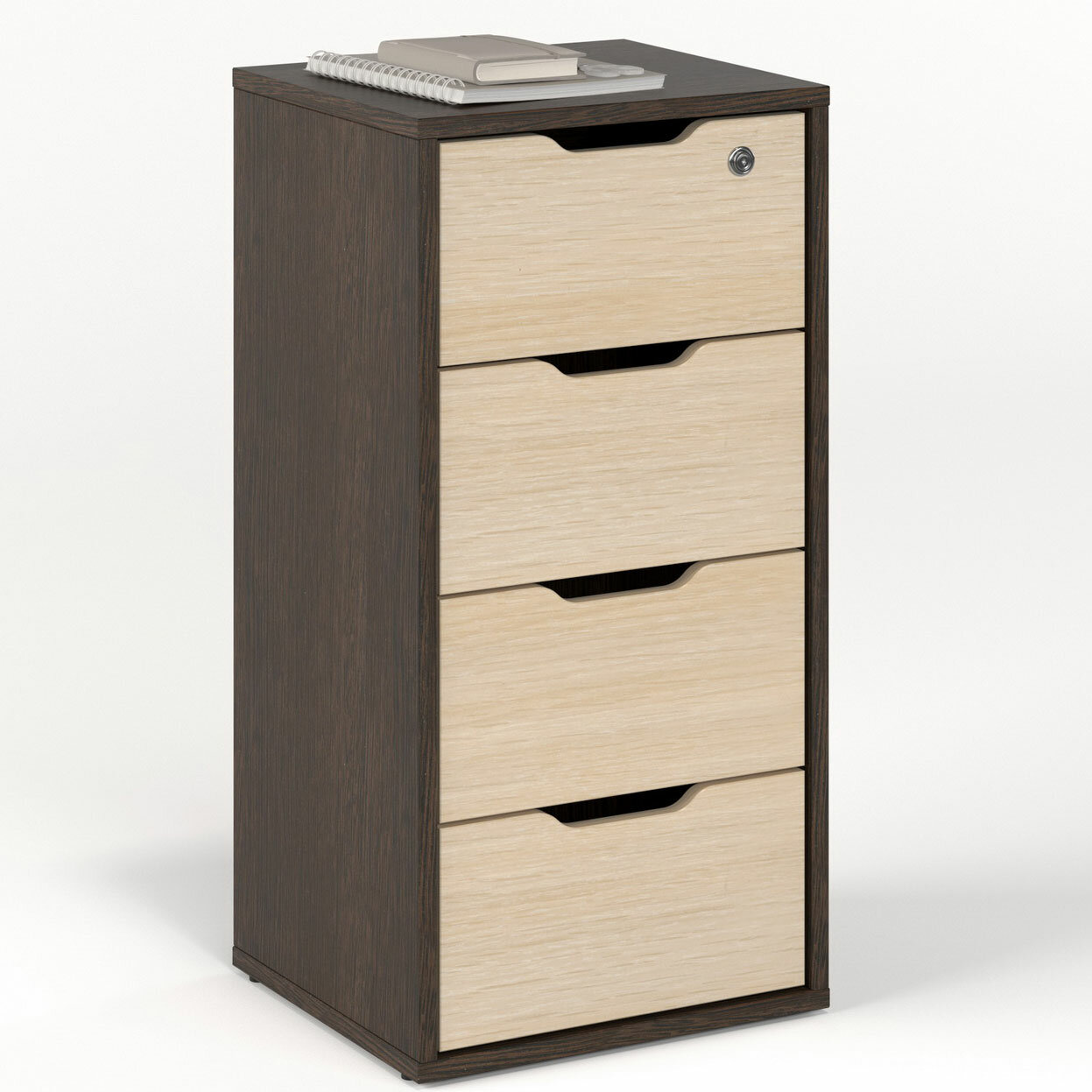 Узкий комод, Комод с 4 ящиками, Офисный комод с замком МагМебель Б-09 венге, дуб молочный